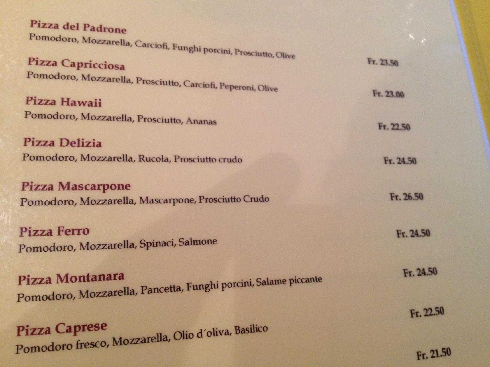 Menu at Capri, Zürich