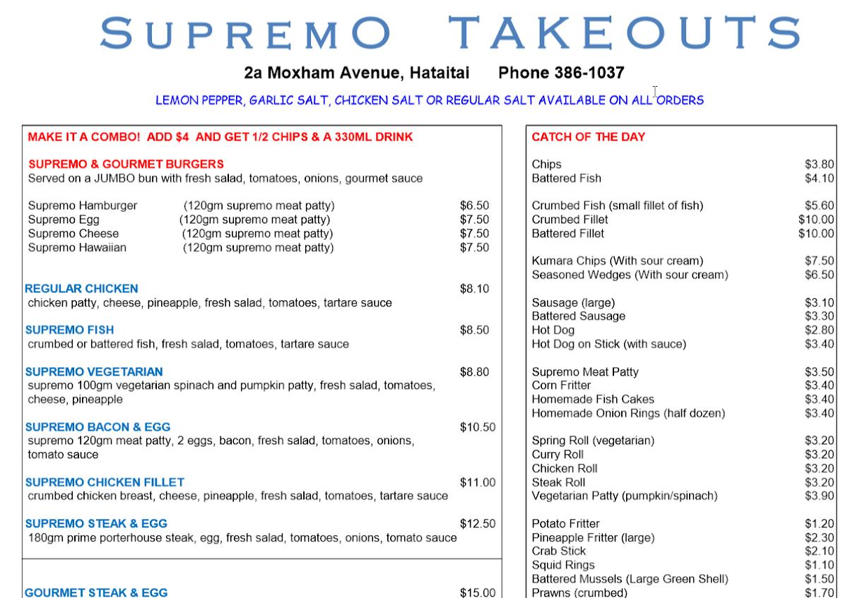 Menu at Supremo Takeouts restaurant, Wellington
