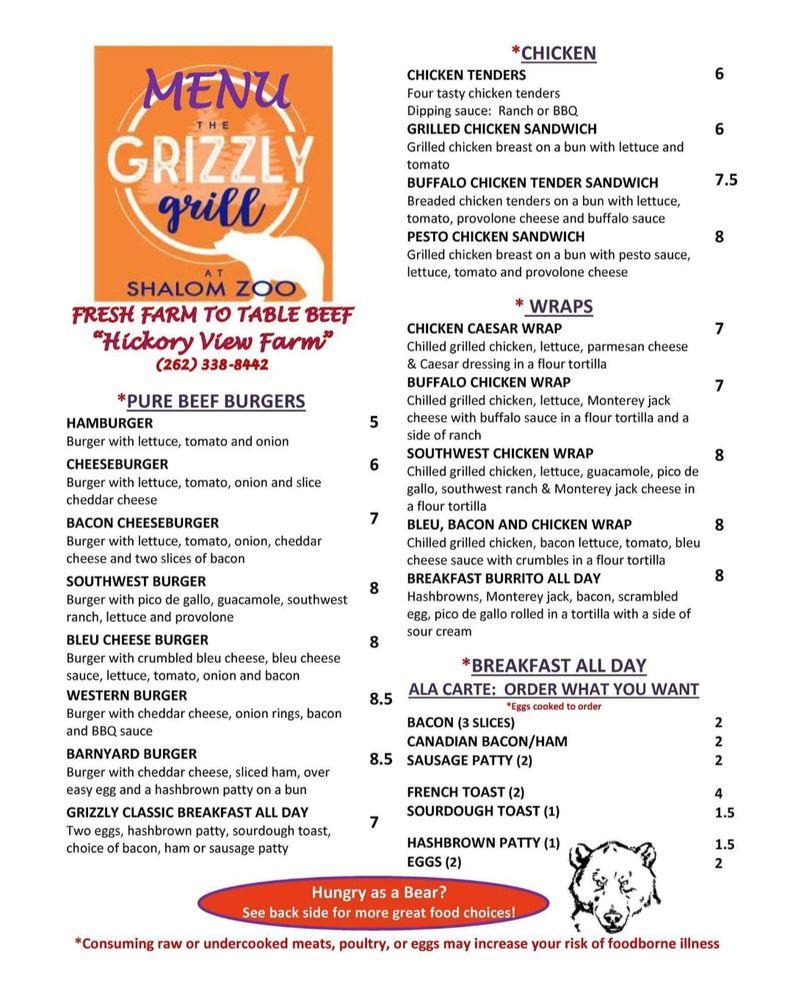 Menu at The Grizzly Grill restaurant, West Bend
