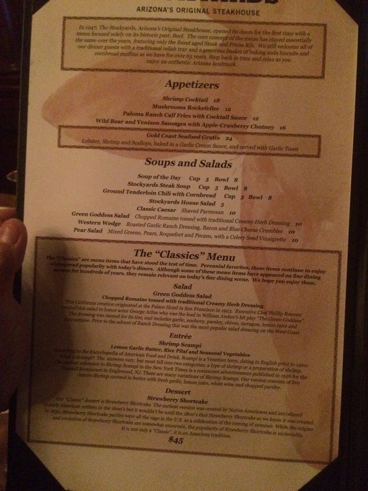 Menu at The Stockyards Steakhouse, Phoenix