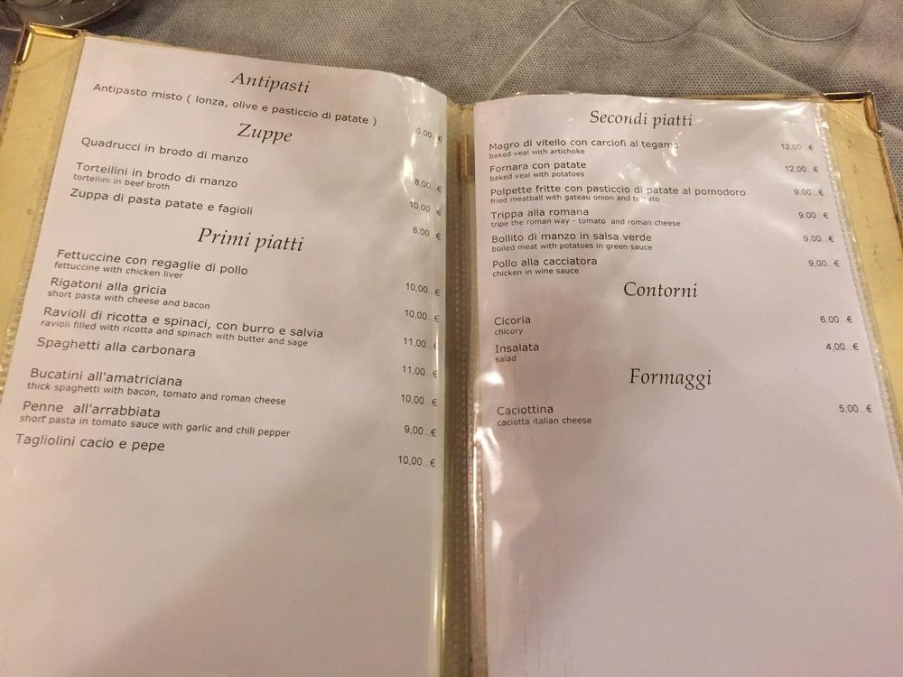 Menu at Trattoria Lilli restaurant, Rome