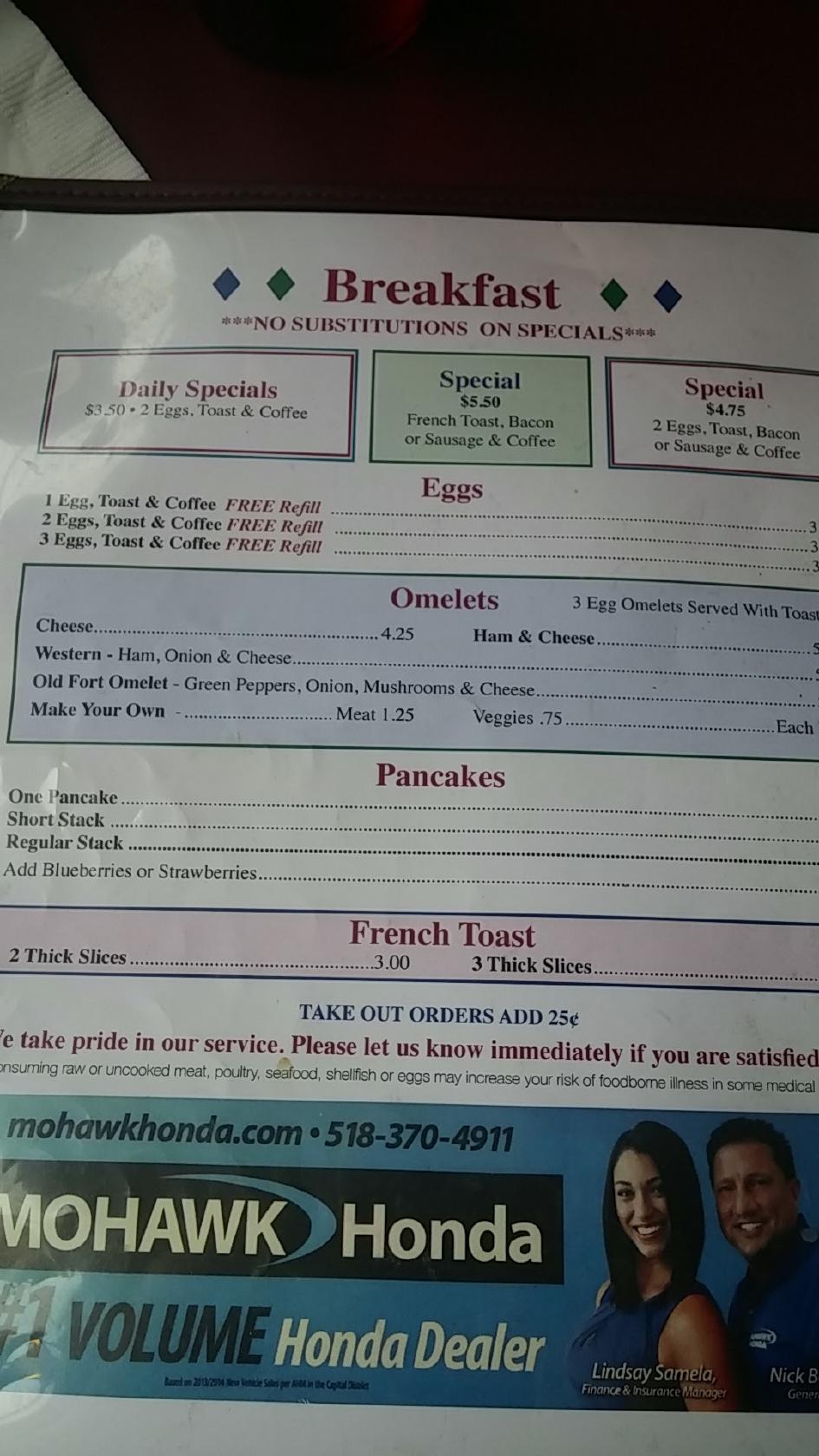 Menu at Ye Old Fort Diner restaurant, Fort Edward