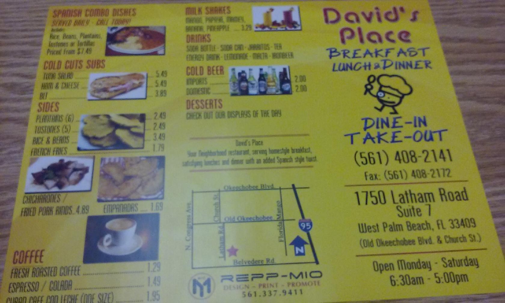Menu at David's Place restaurant, West Palm Beach