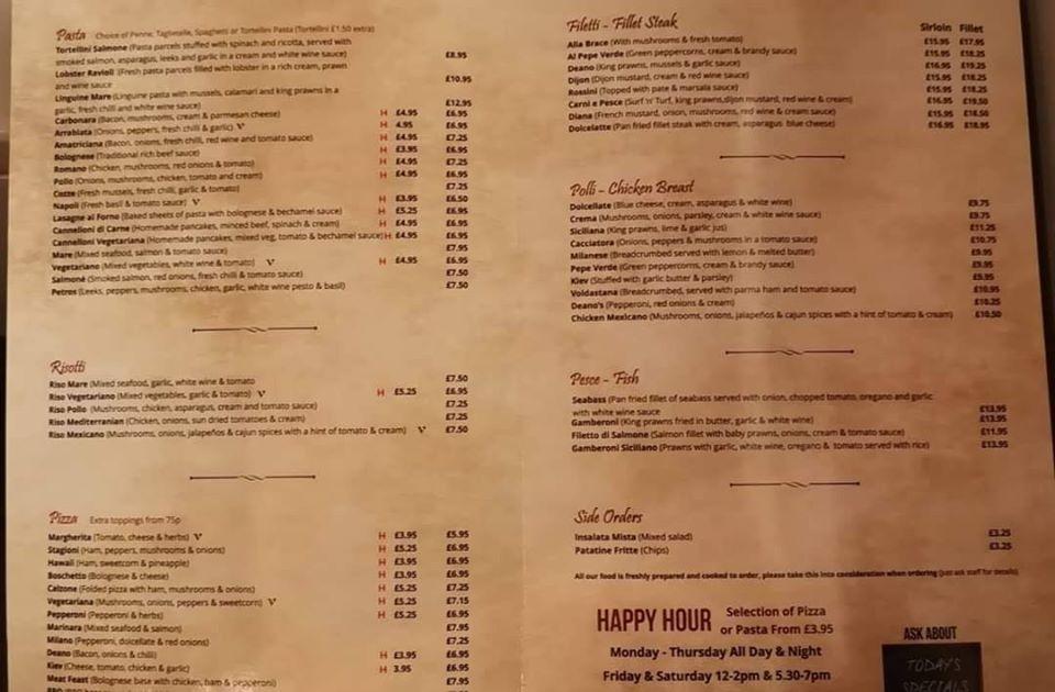 Menu at Da-Zero restaurant, Chester-le-Street