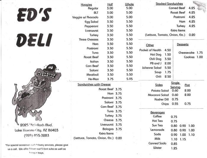Carta del restaurante Ed's Deli, Lake Havasu City