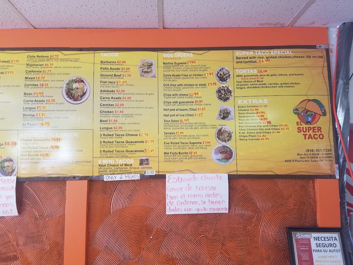 Menu at El Super Taco restaurant, Tulsa, S Peoria Ave