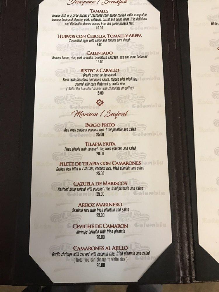 Menu at Esto es Colombia restaurant, Toronto