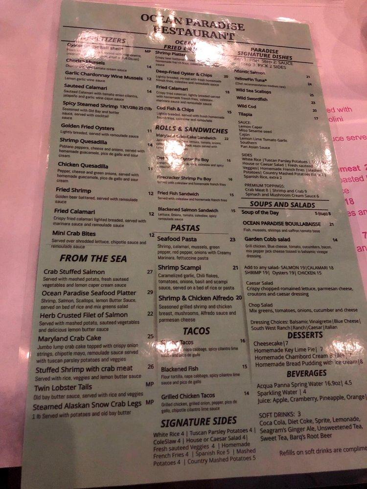Menu at Ocean Paradise Restaurant & Bar, Chantilly