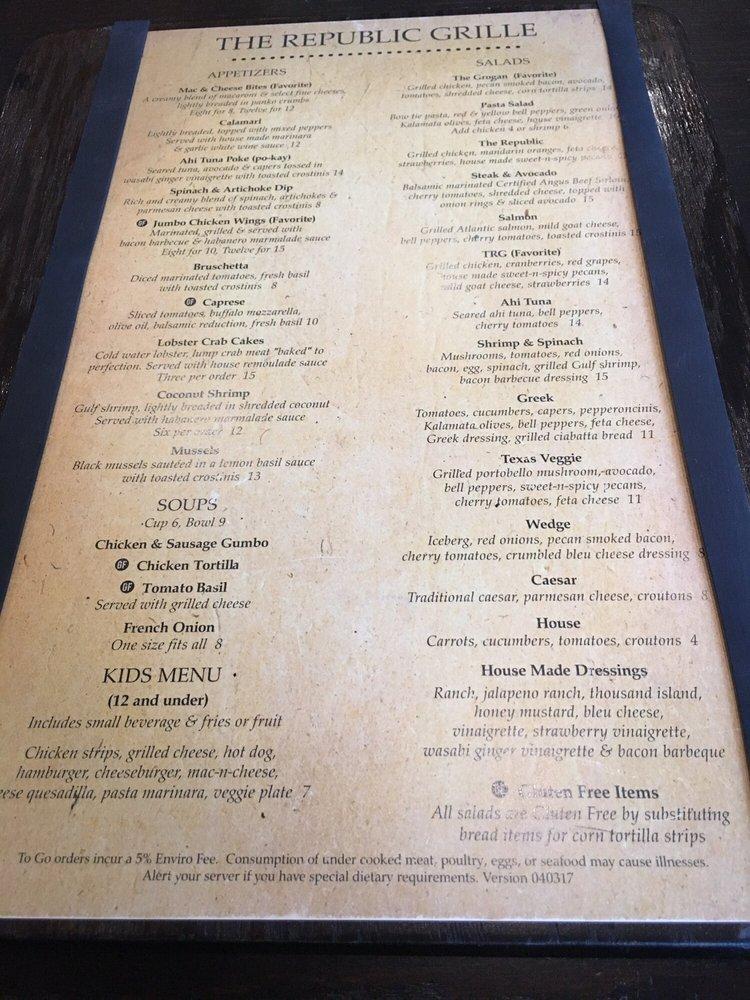 Menu at The Republic Grille - The Woodlands, The Woodlands, W Panther ...