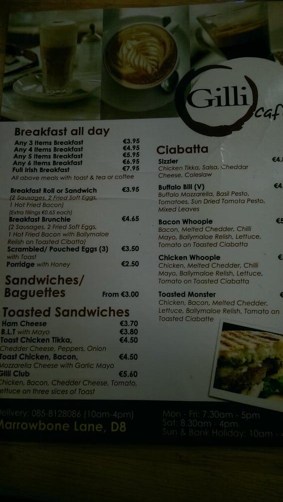 Menu at Gilli Café cafe, Dublin