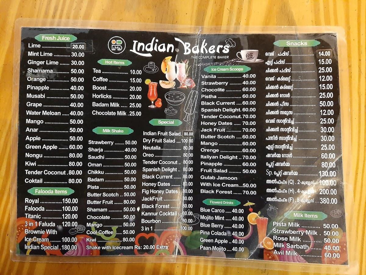 Menu at Indian bakers, Alathur