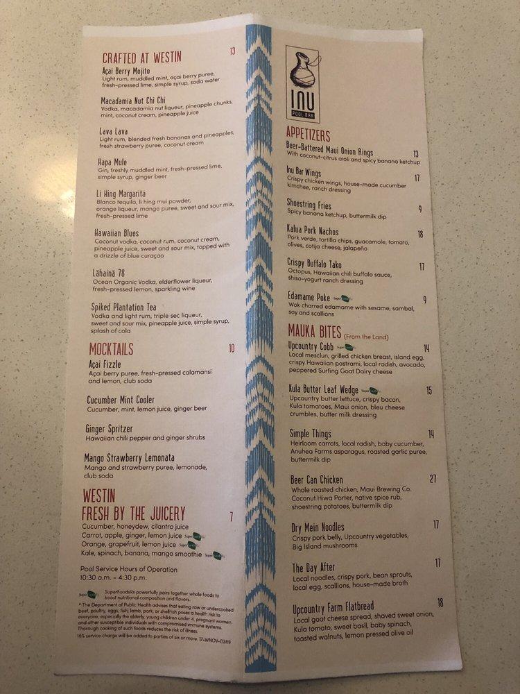 Menu at Inu Pool Bar, Lahaina