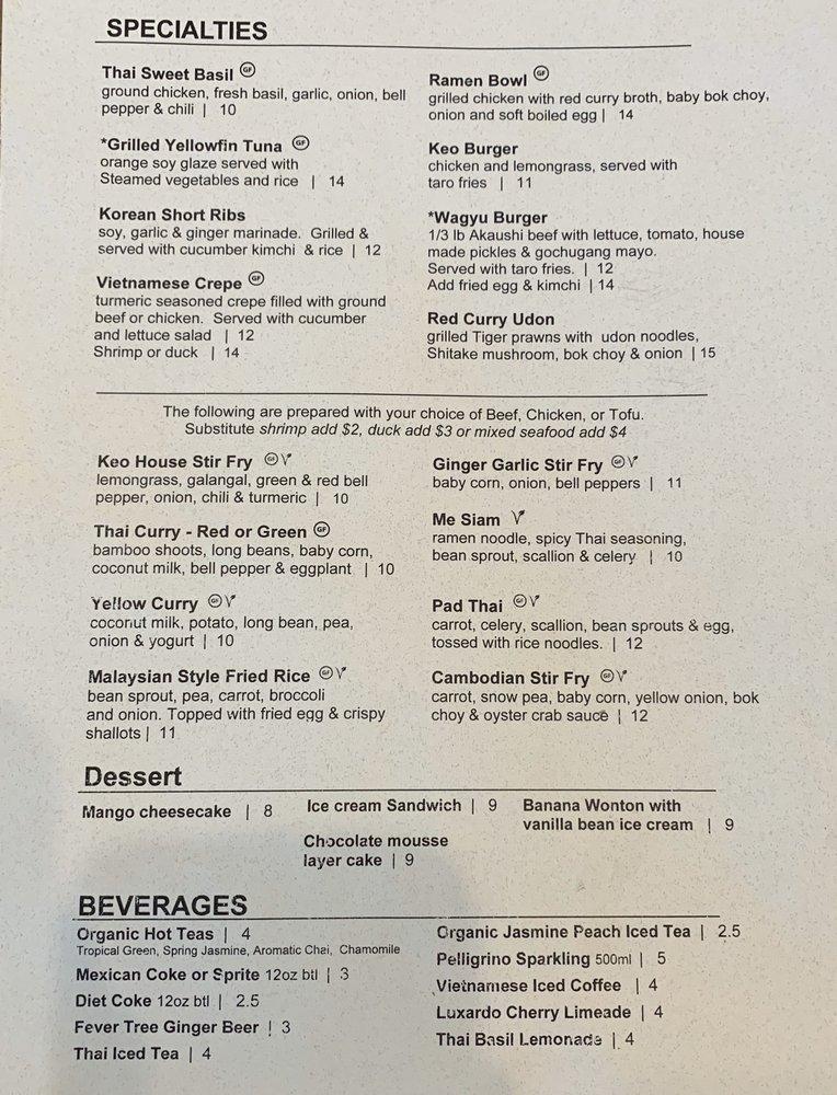 Menu at KEO restaurant, Tulsa, S Yale Ave