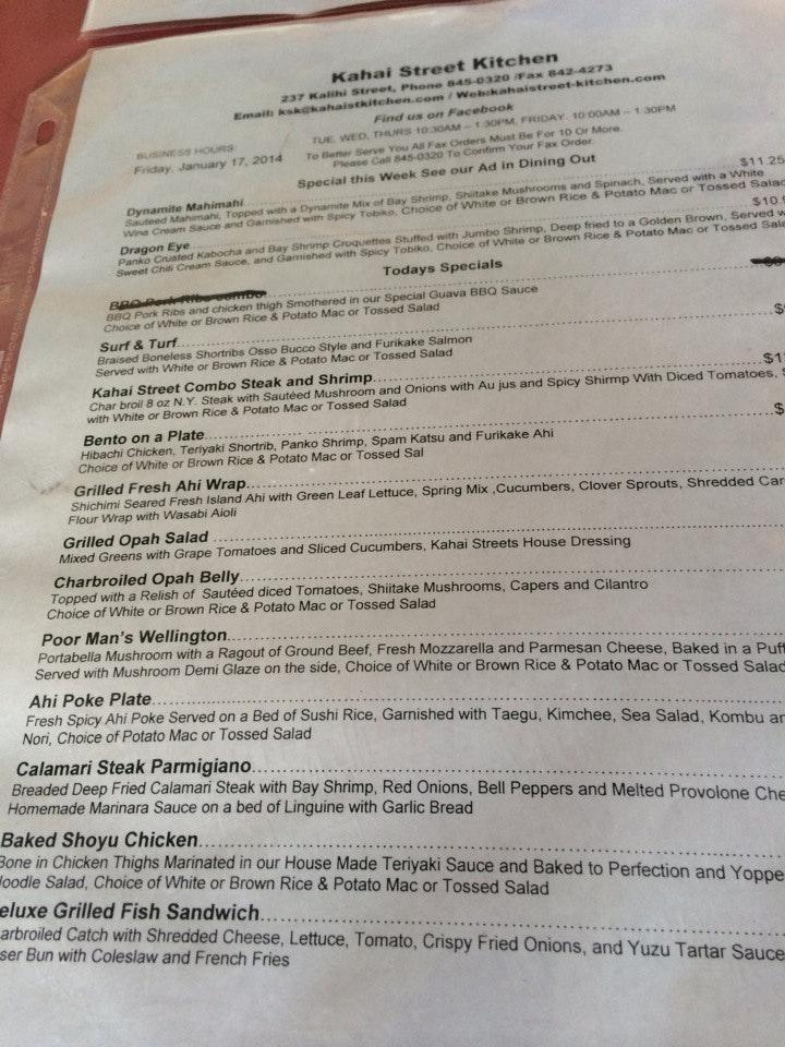 Menu at Kahai Street Kitchen restaurant, Honolulu, 237 Kalihi St
