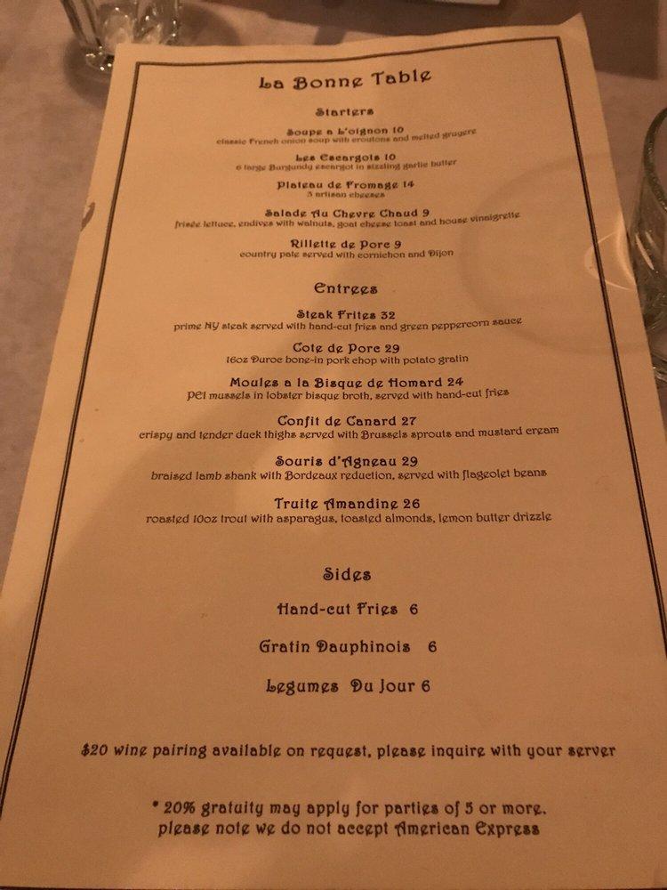 Menu at La Bonne Table restaurant, San Diego