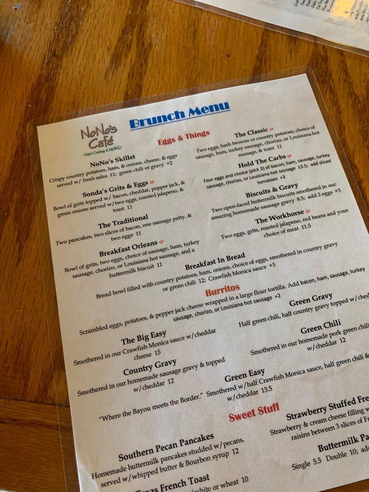 Menu at NoNo's Cafe, Littleton, W County Line Rd