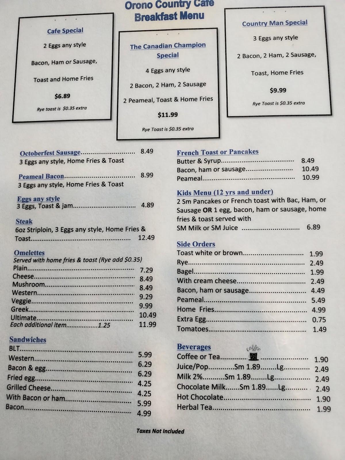 Menu at Orono Country Cafe, Orono