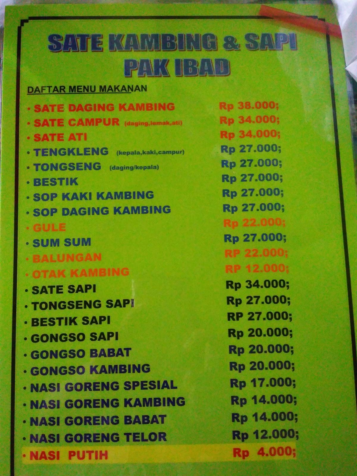 Menu at Sate kambing dan sapi pak ibad restaurant, Semarang