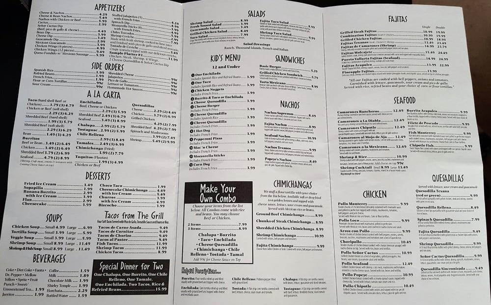 Menu at Señor Cactus restaurant, Knoxville, Oak Ridge Hwy