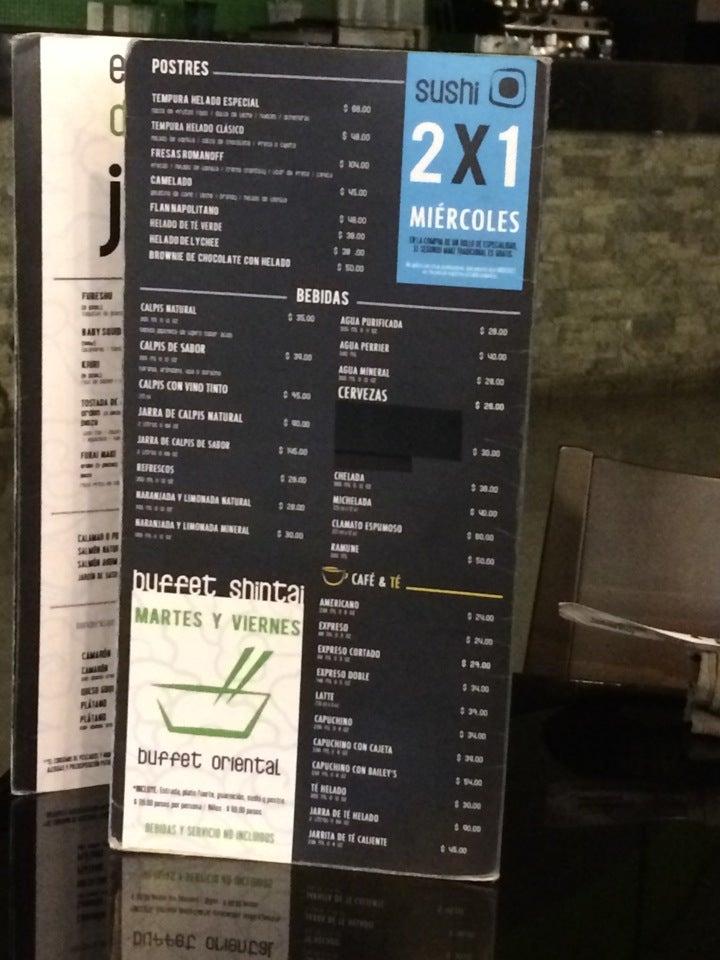 Menu at Shintai restaurant, Xalapa, Plaza Animas