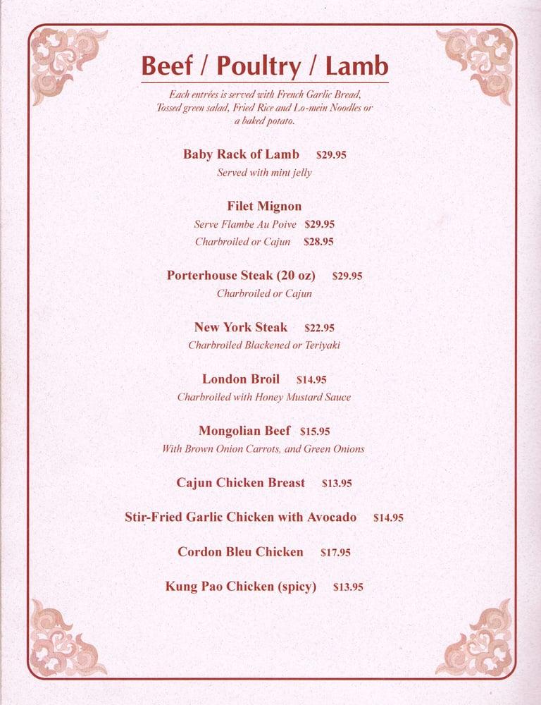 Menu at Chateau Chang steakhouse, Victorville