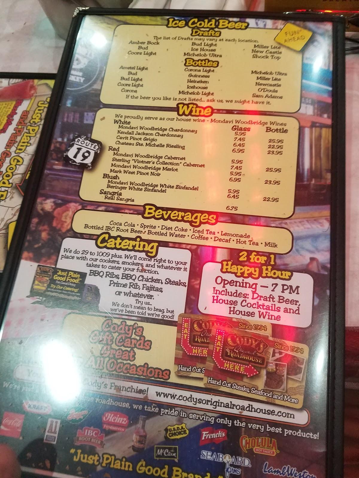 Menu at Cody's Original Roadhouse - Sebring pub & bar, Sebring