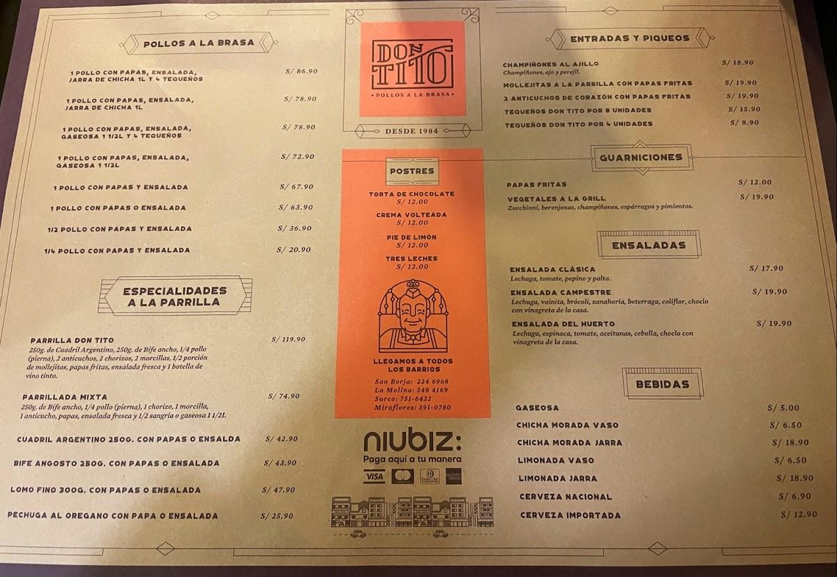 Menu at Don Tito restaurant, San Borja, Avenida Aviación 3096
