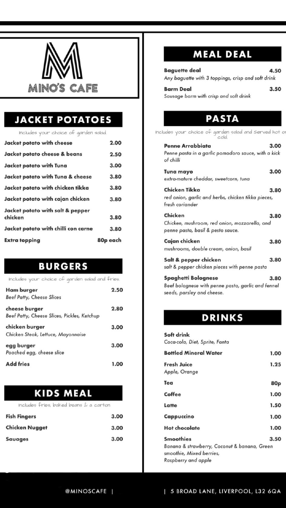 Menu at Mino's Cafe, Liverpool