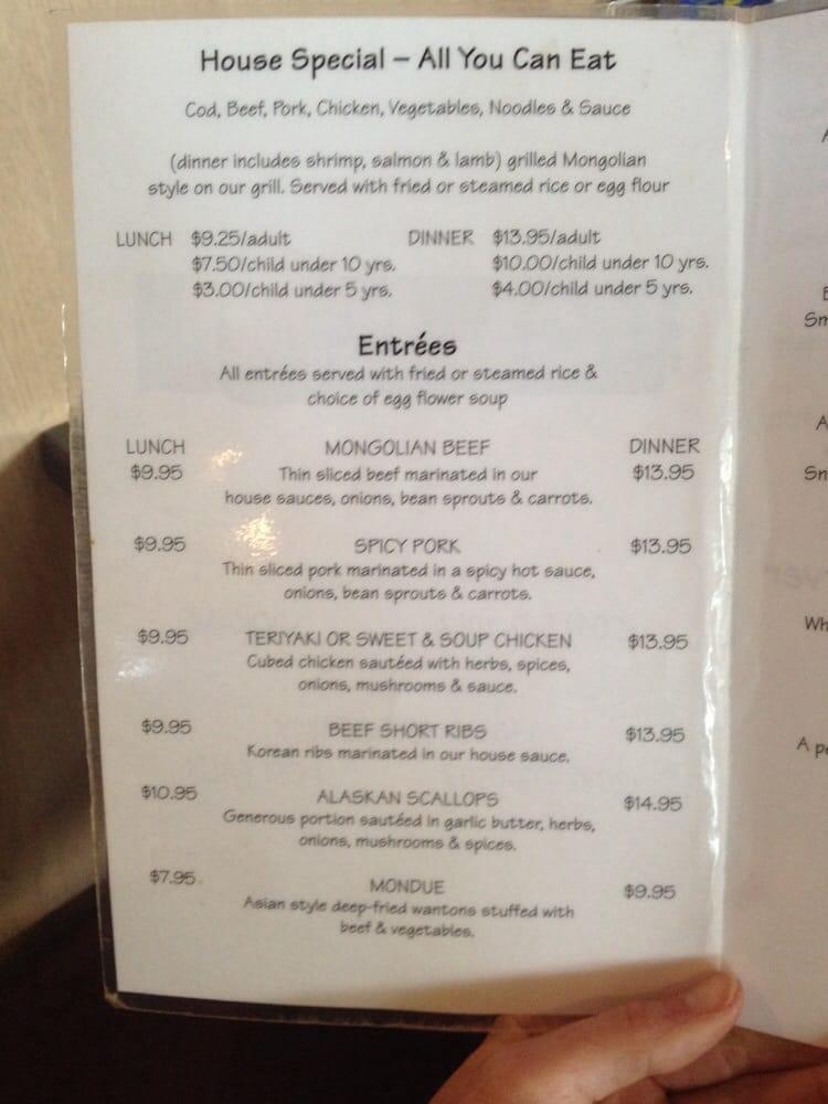 Menu at Moon's Mongolian Grill restaurant, Spokane