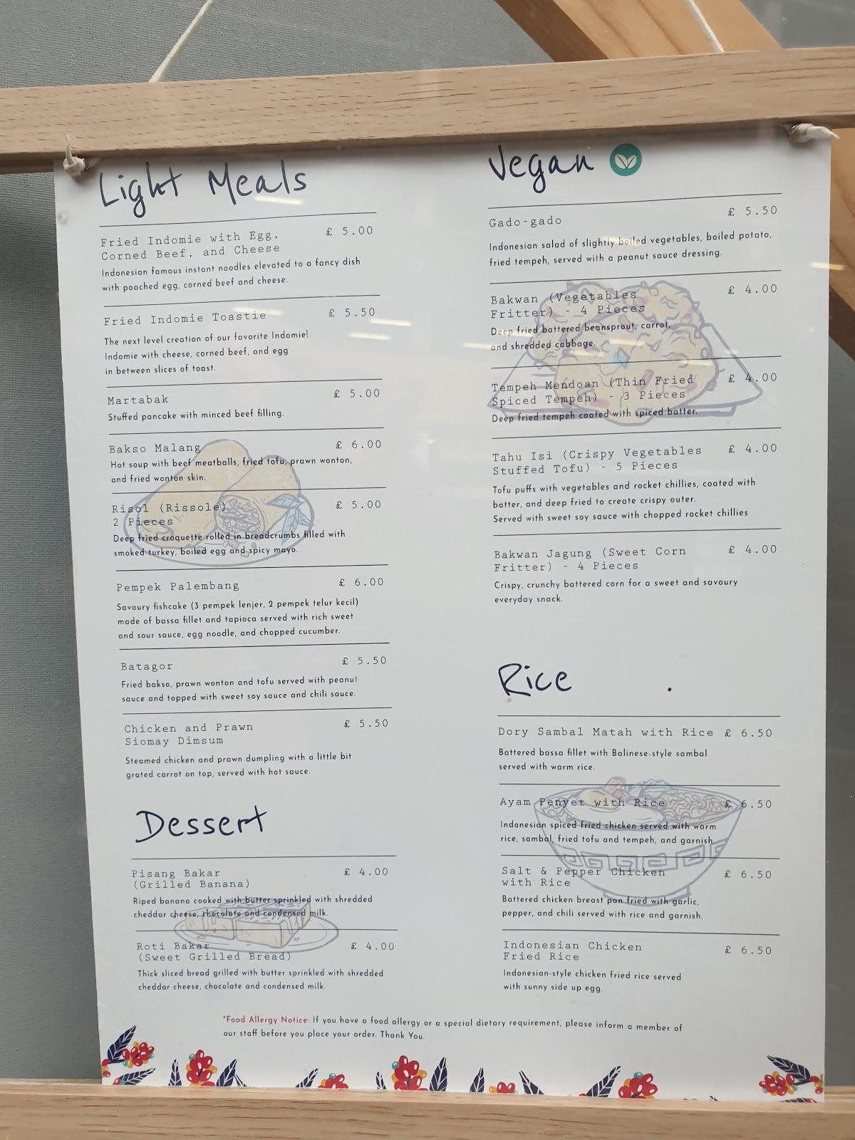 Menu at Ngopi Coffee UK cafe, Birmingham