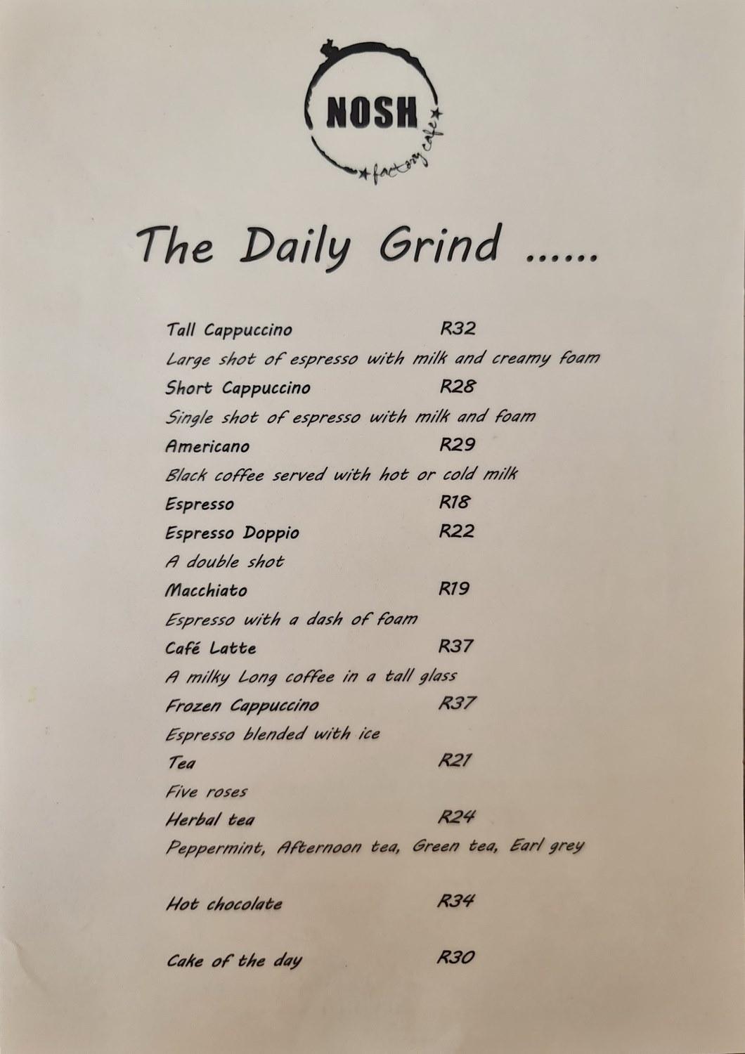 Menu at Nosh Harbour Park restaurant, Roodepoort