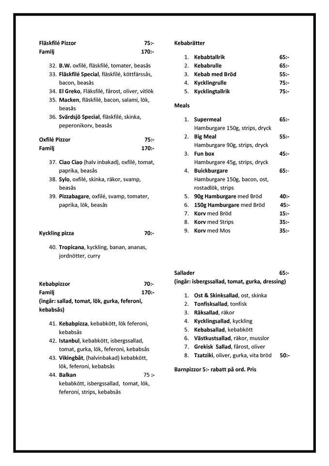 Menu at Plankan restaurant, Svärdsjö