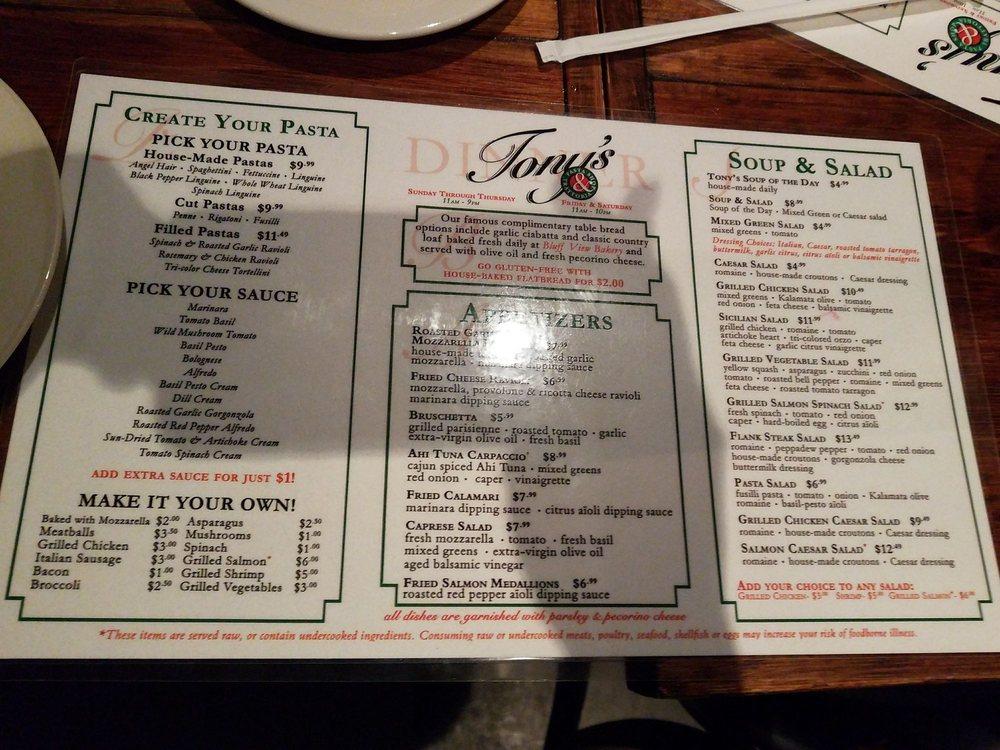 Menu at Tony's Pasta Shop & Trattoria restaurant, Chattanooga
