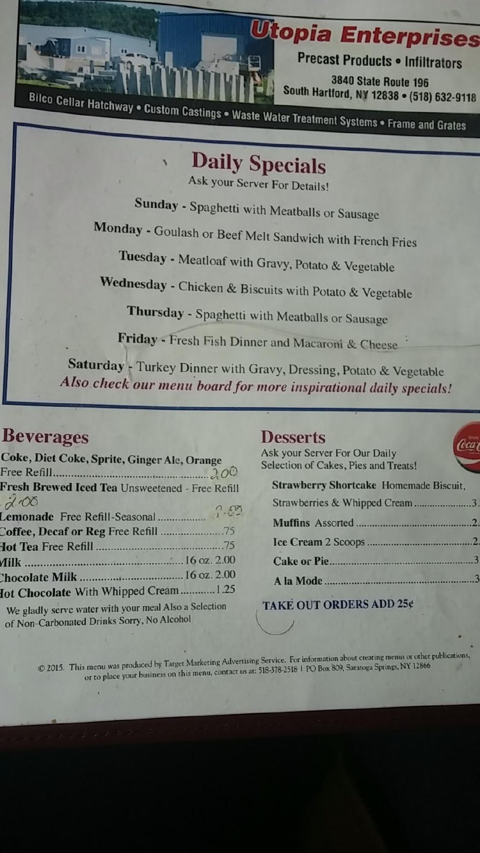 Menu at Ye Old Fort Diner restaurant, Fort Edward