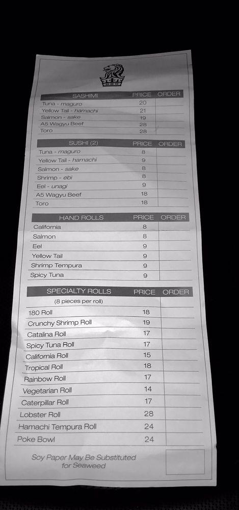 Menu at 180blũ restaurant, Dana Point, 1 Ritz Carlton Dr