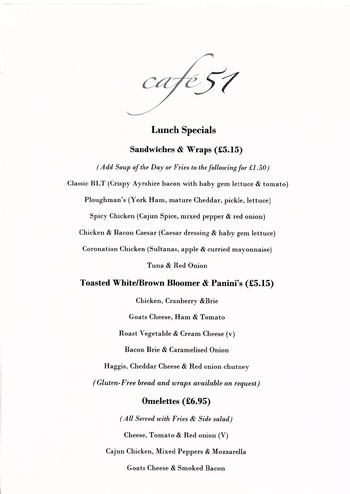 Menu at Cafe 51, Ayr