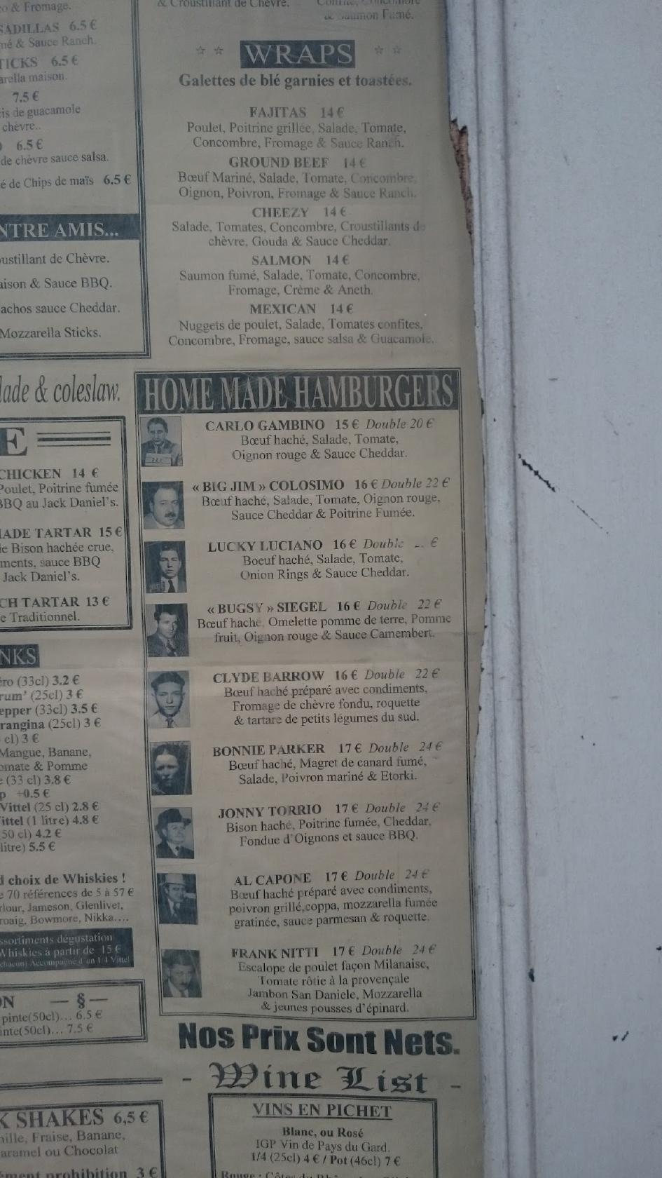Menu at Chicago Speakeasy restaurant, Rouen, 1 Rue du Cercle