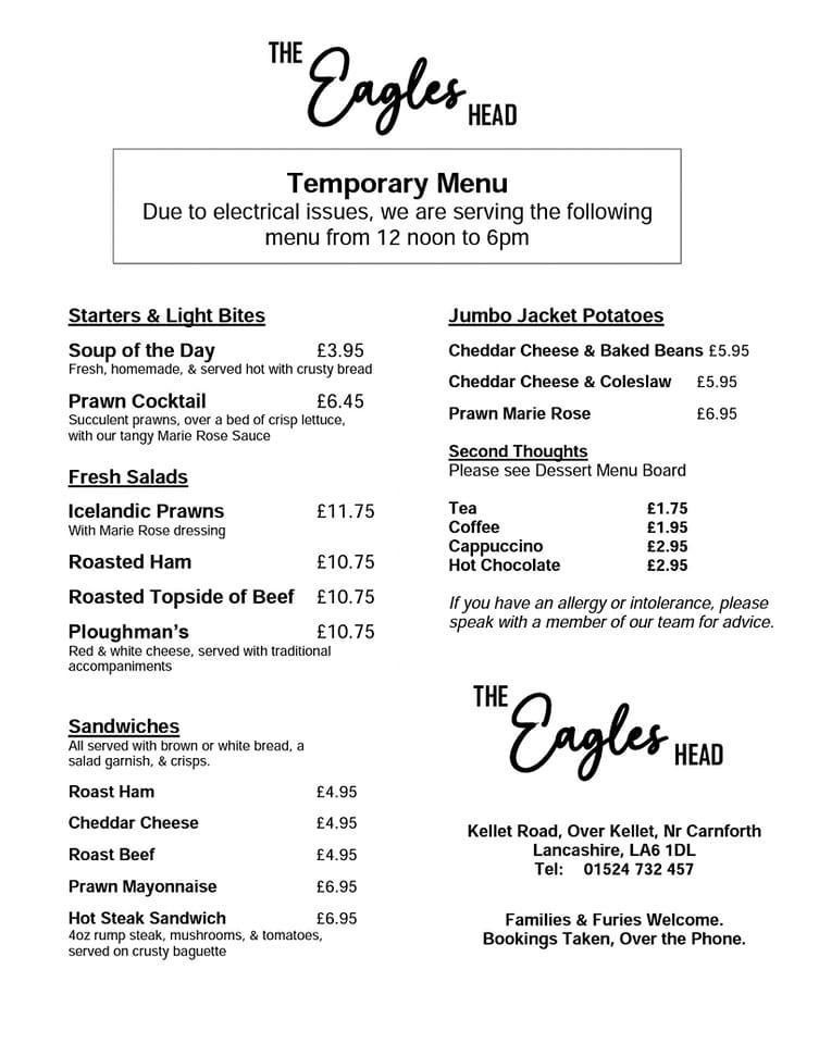Menu at Eagles Head pub & bar, Over Kellet