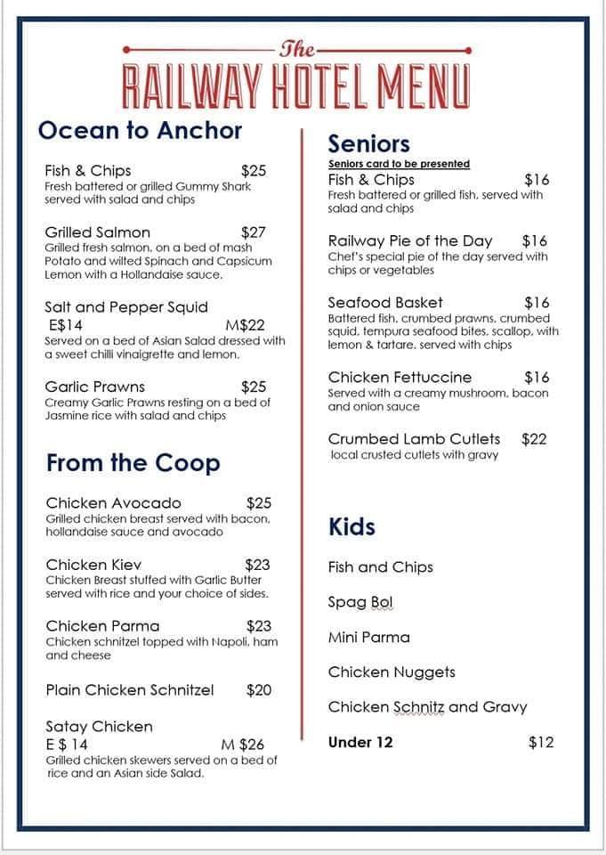 Menu at Heyfield Railway Hotel pub & bar, Heyfield