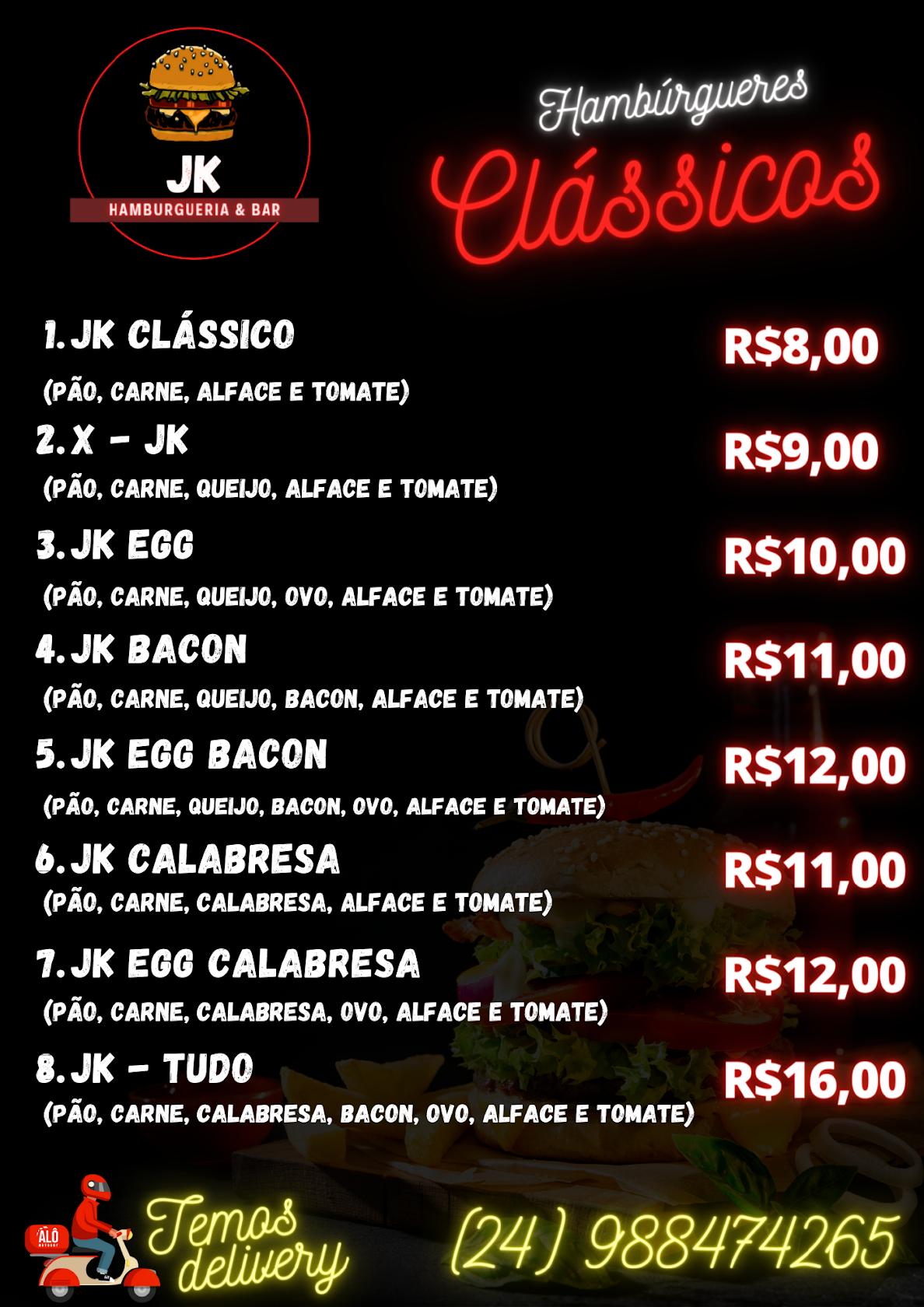 Menu at JK Bar & Hamburgueria, Petrópolis