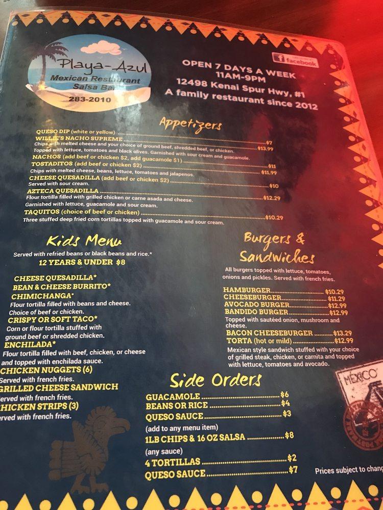 Menu at Playa Azul restaurant, Kenai