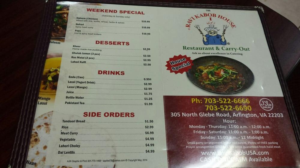 Menu at Ravi Kabob House restaurant, Arlington, 305 N Glebe Rd
