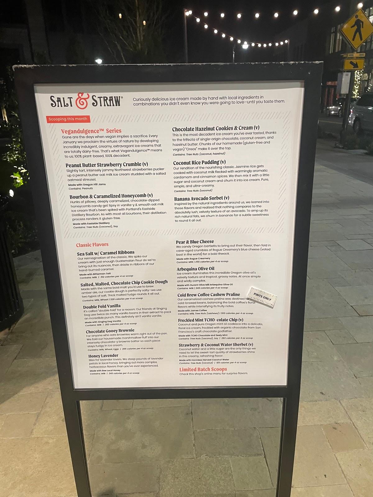 Menu at Salt & Straw desserts, Kirkland