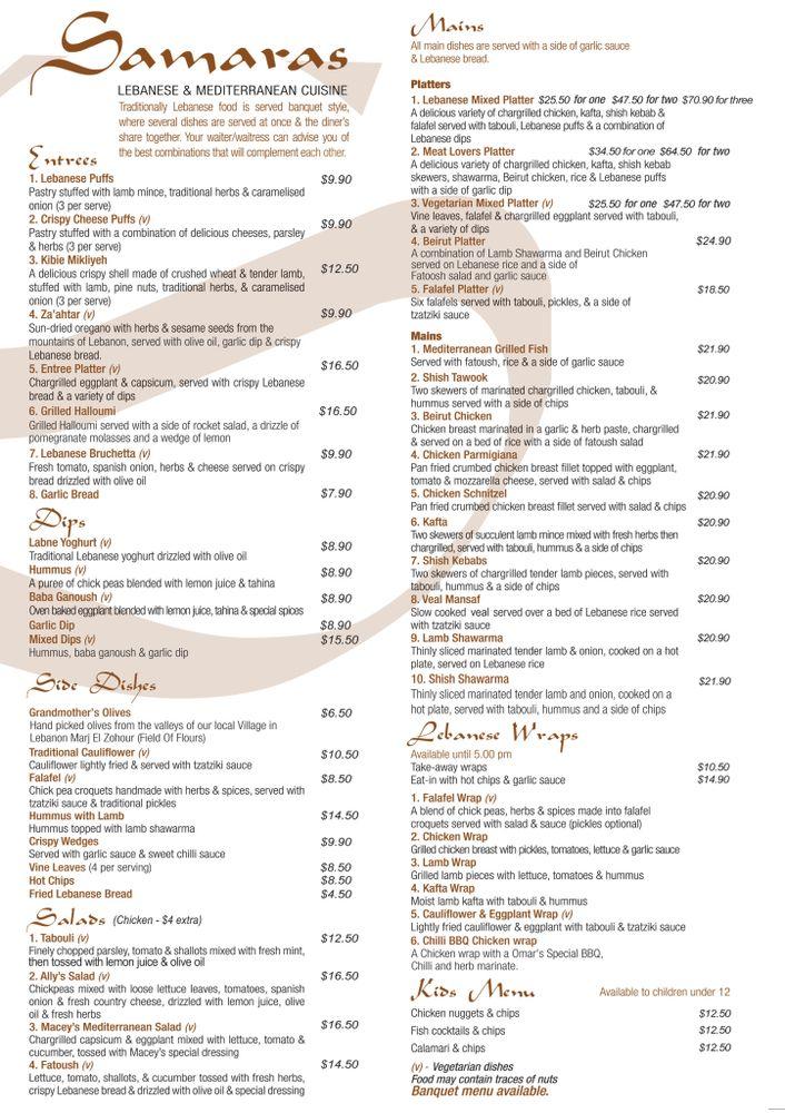 Menu at Samaras Restaurant, Wollongong