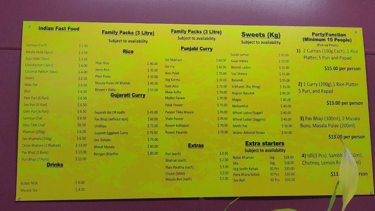 Menu at Shreeji Indian Vegetarian Takeways restaurant, Auckland