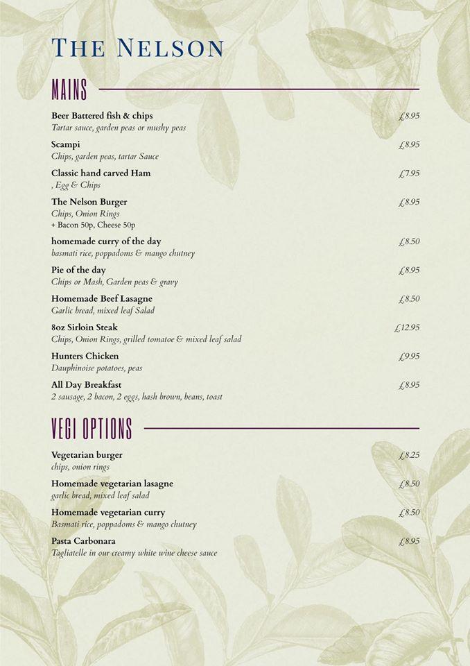 Carta de The Brave Nelson Pub, Brentwood