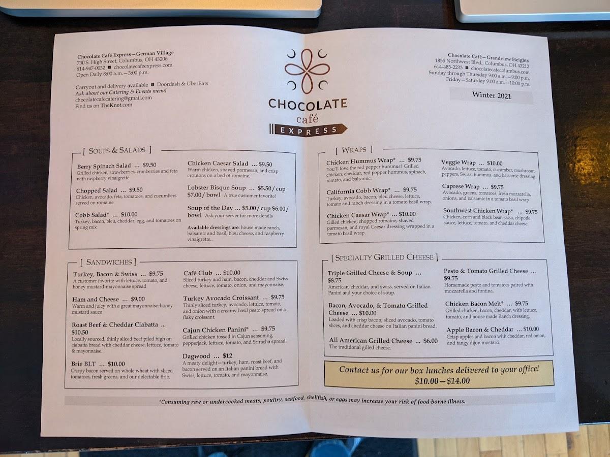 Menu at Chocolate Café Express, Columbus