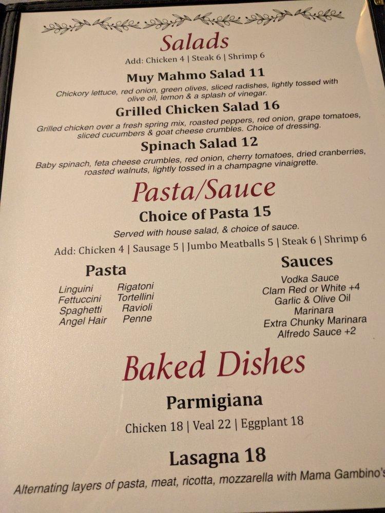 Menu at Gambino’s pizzeria, Easton