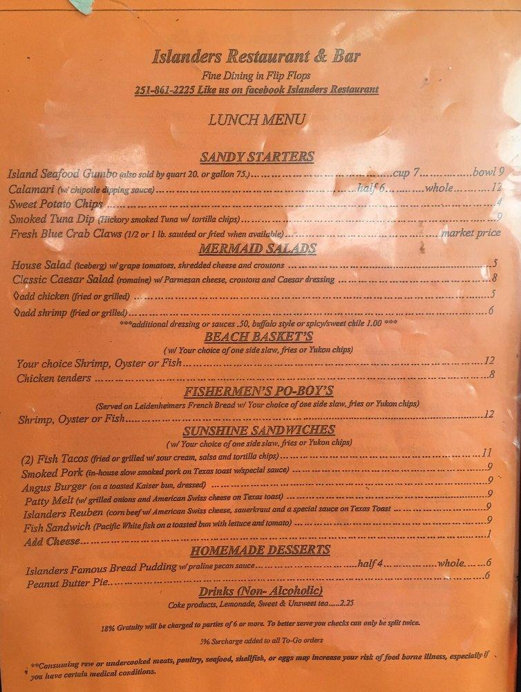 Menu at Islanders Restaurant, Dauphin Island