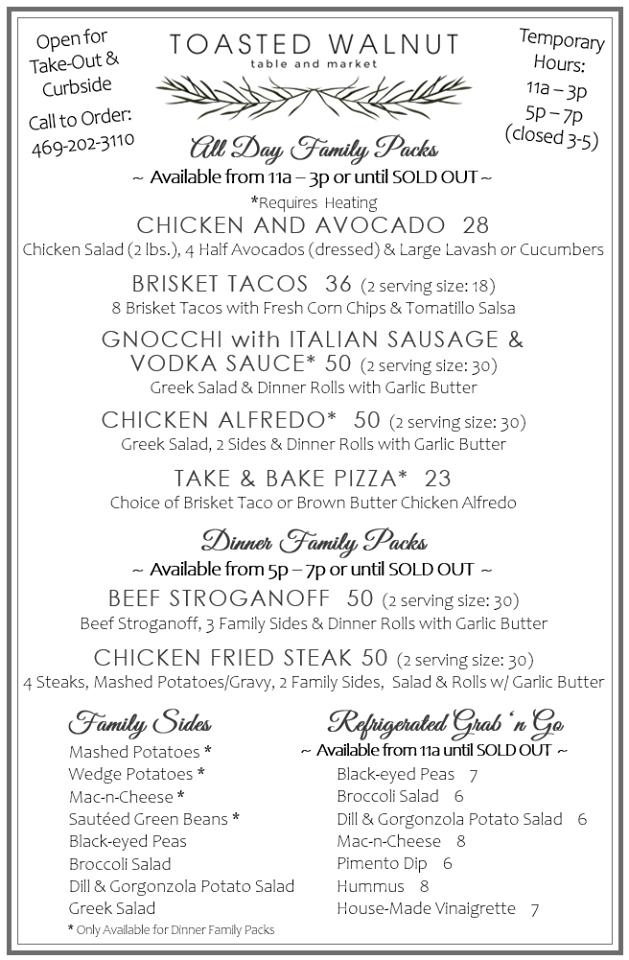 Menu at Toasted Walnut Table and Market cafe, Celina